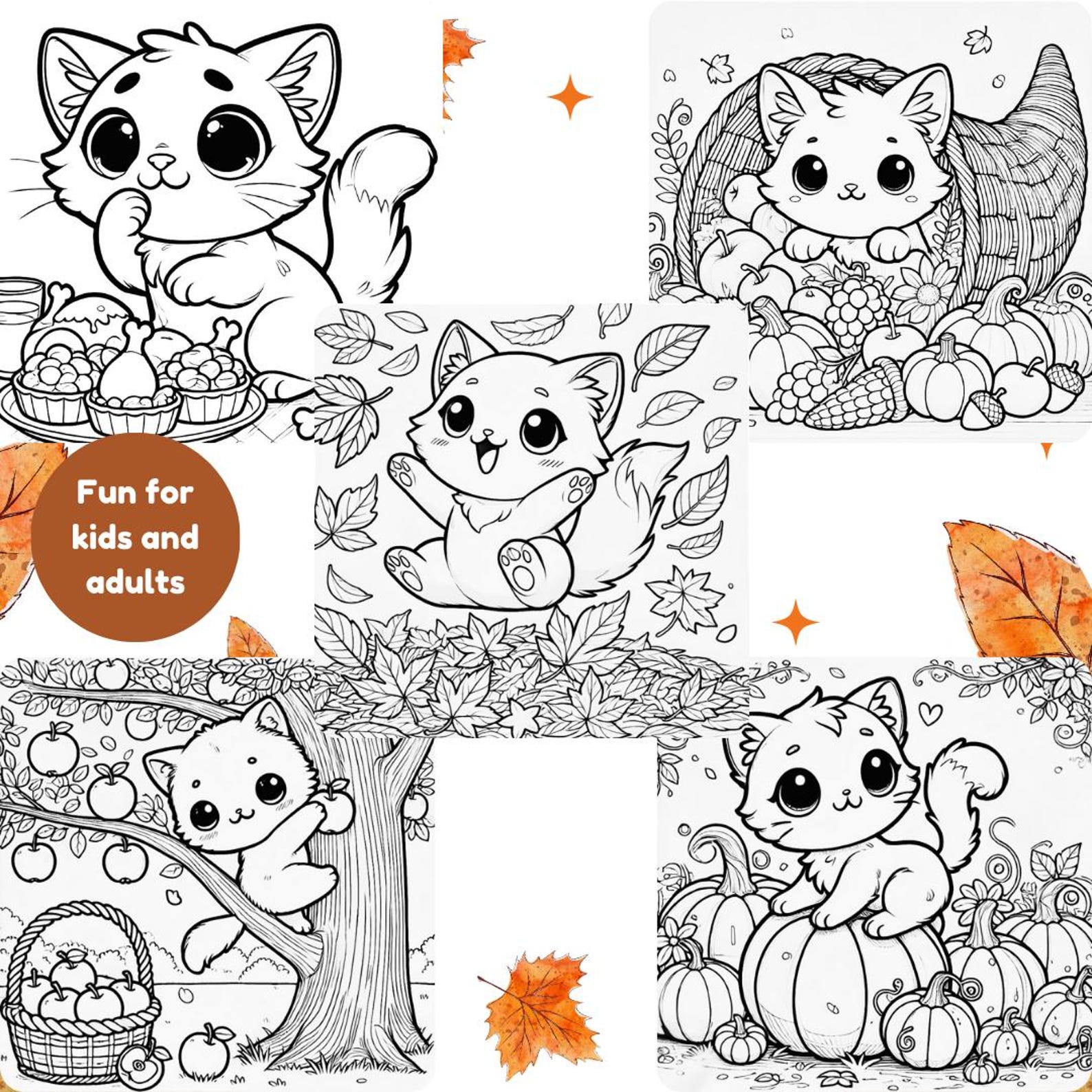 Fall Thanksgiving Cat Coloring Book | 20 Printable Pages (digital ...