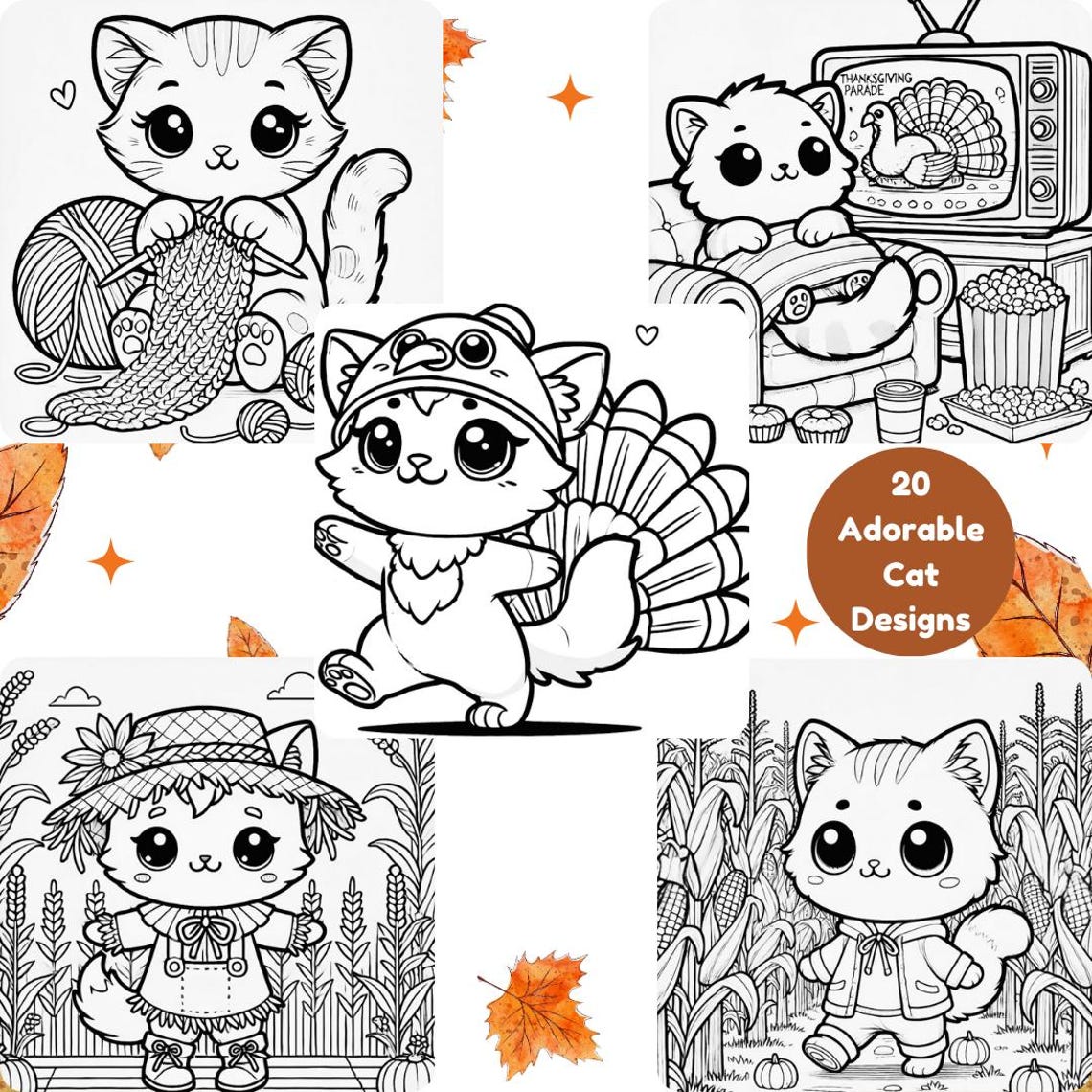 Cute Fall Cat Coloring Book | 20 Thanksgiving Cat Coloring Pages ...