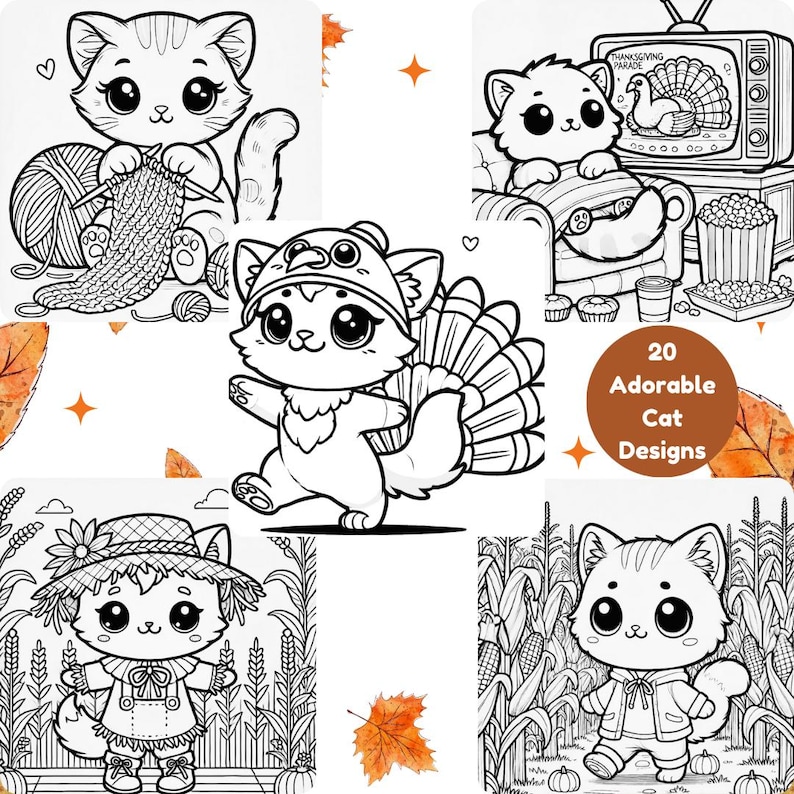 Cute Fall Cat Coloring Book | 20 Thanksgiving Cat Coloring Pages ...