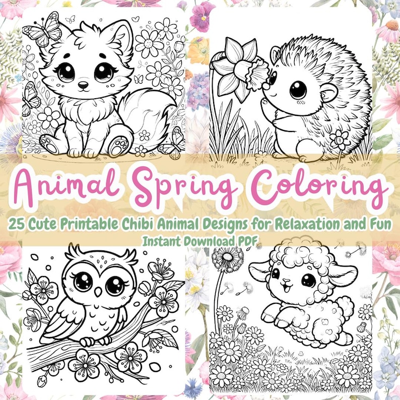 Spring Animals Coloring Book–25 Cute Chibi Animal Pages for Kids and ...
