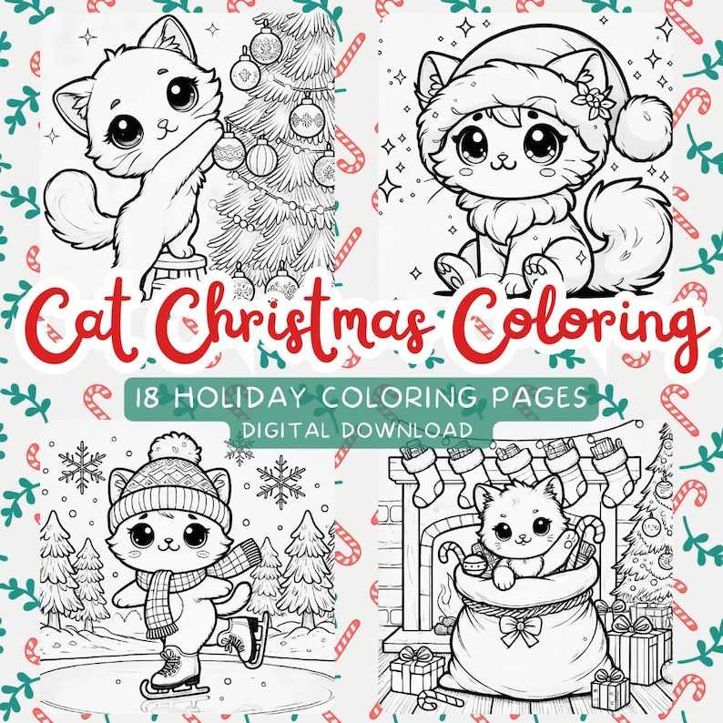 Cat Christmas Coloring Book |18 Cute Holiday Pages for Kids & Adults ...