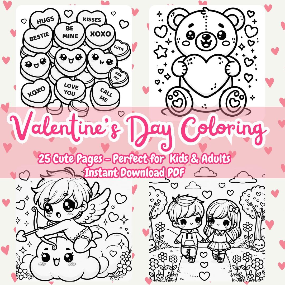 Valentine's Day Coloring Book – 25 Cute Pages, Kids & Adults (instant ...
