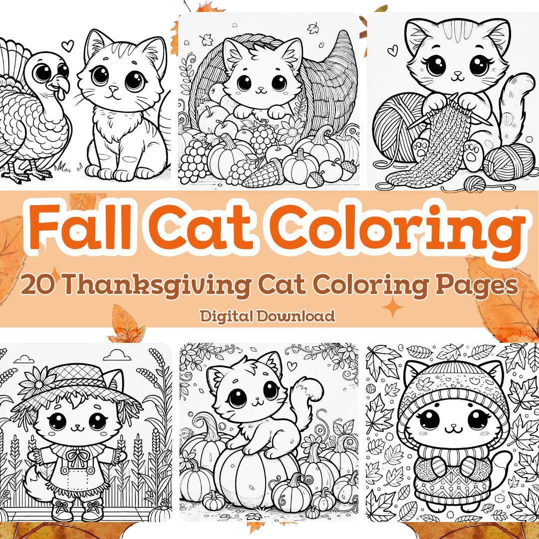 Cute Fall Cat Coloring Book | 20 Thanksgiving Cat Coloring Pages ...