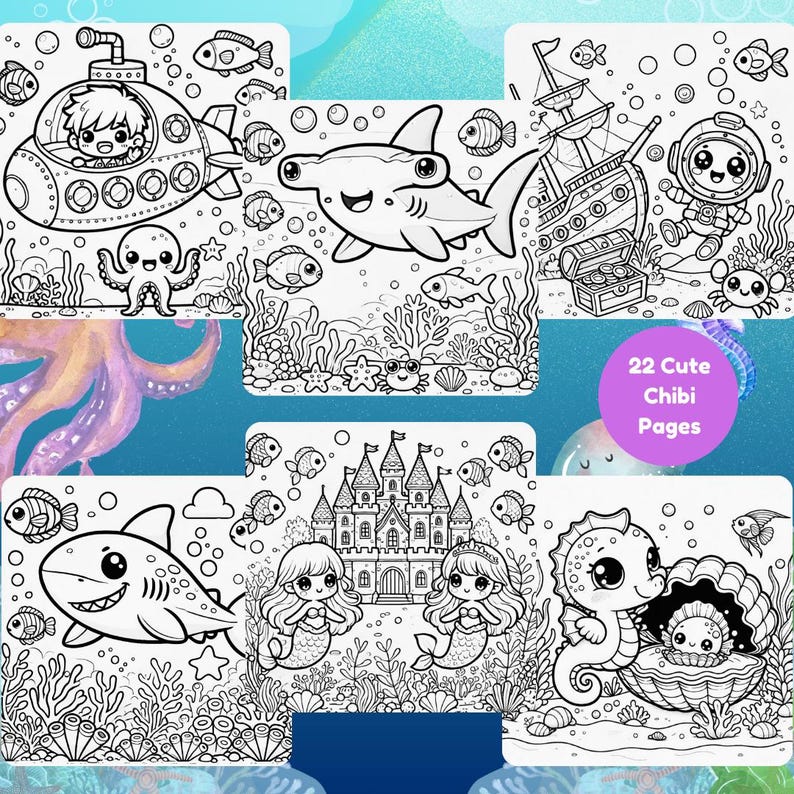 Chibi Under the Sea Coloring Book: 22 Ocean-themed Pages (instant ...