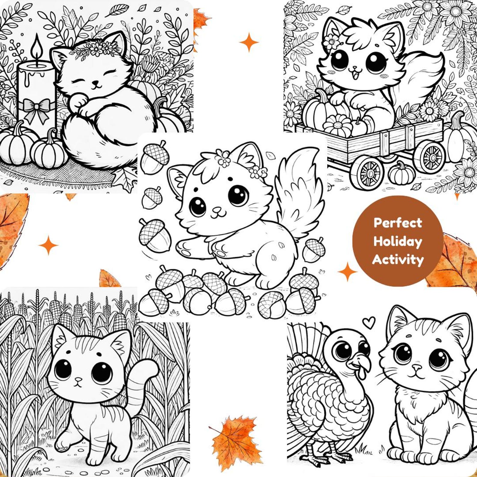 Fall Thanksgiving Cat Coloring Book | 20 Printable Pages (digital ...