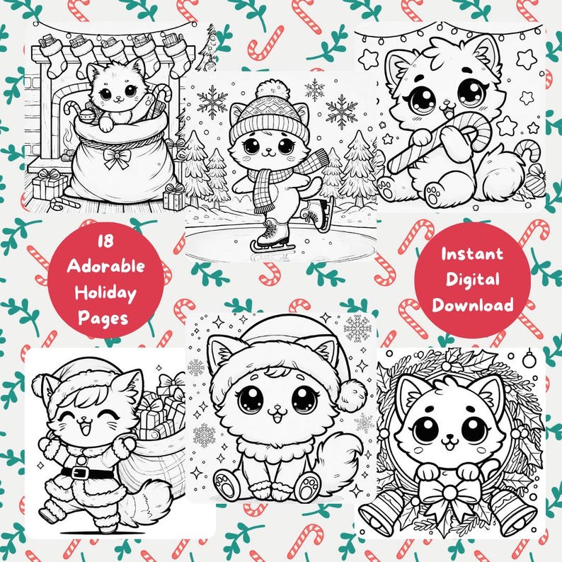 Cat Christmas Coloring Book |18 Cute Holiday Pages for Kids & Adults ...