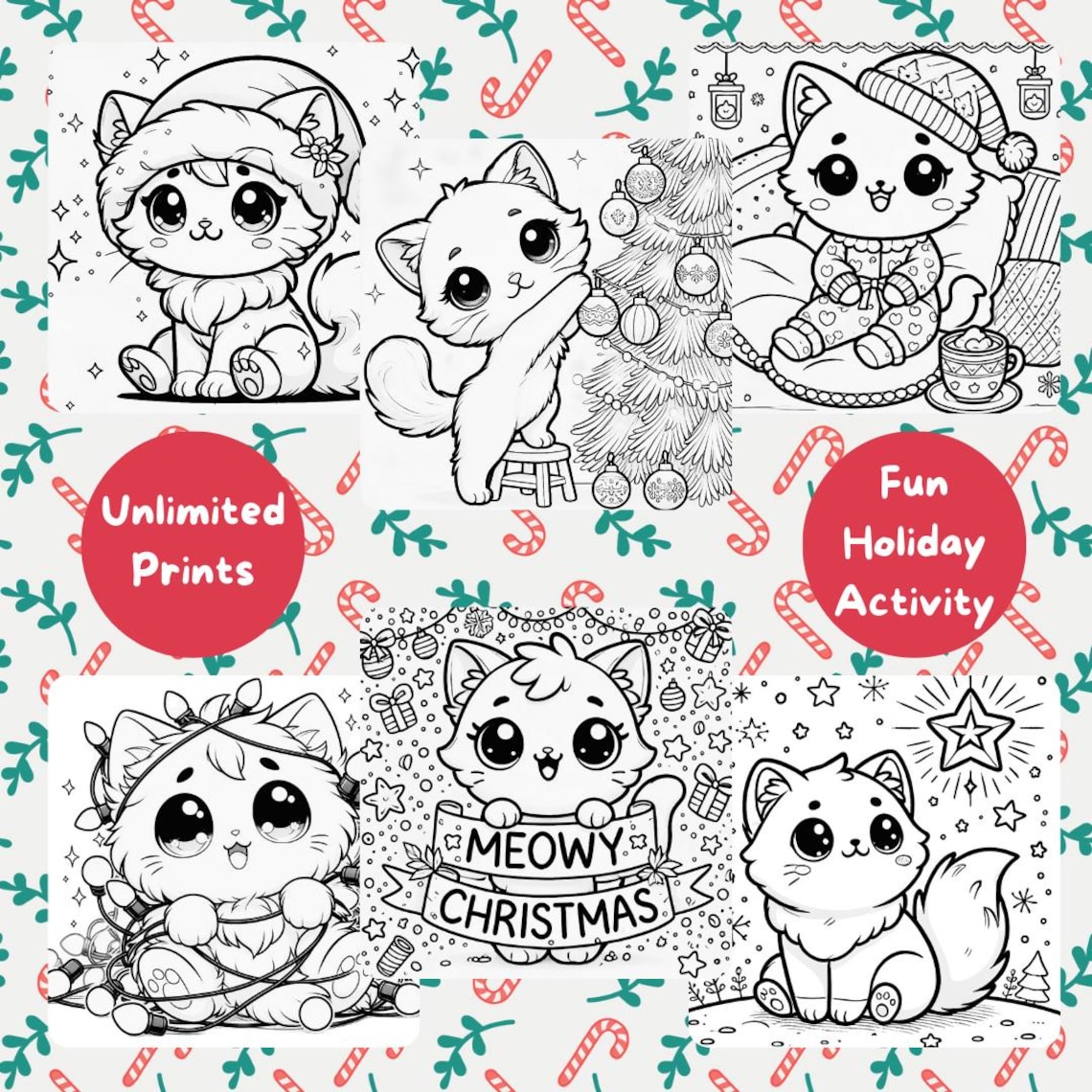 Cat Christmas Coloring Book |18 Cute Holiday Pages for Kids & Adults ...