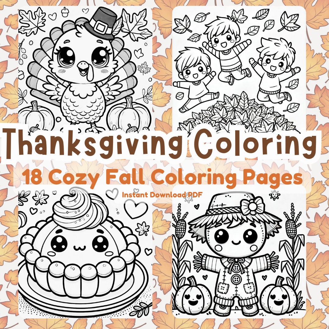 Kawaii Thanksgiving Coloring Pages: Cozy Fall Activity (digital ...