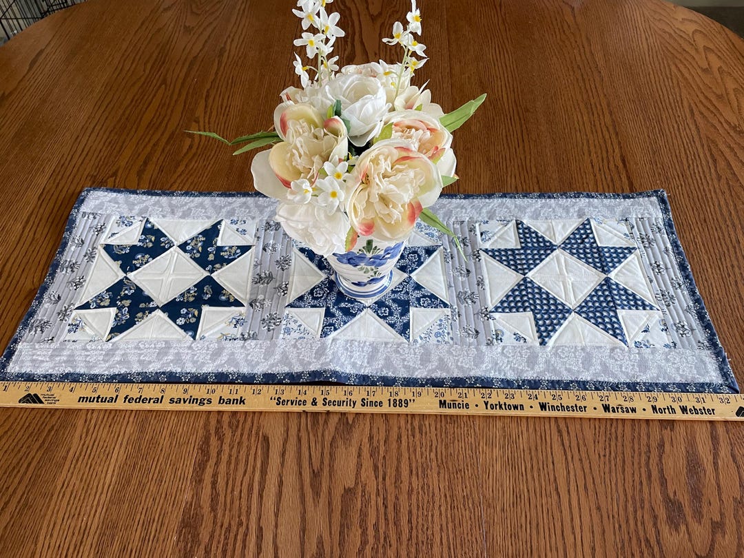 Pieced and Quilted Star Table Runner, Dutch Blue, With Borders. Dresser ...