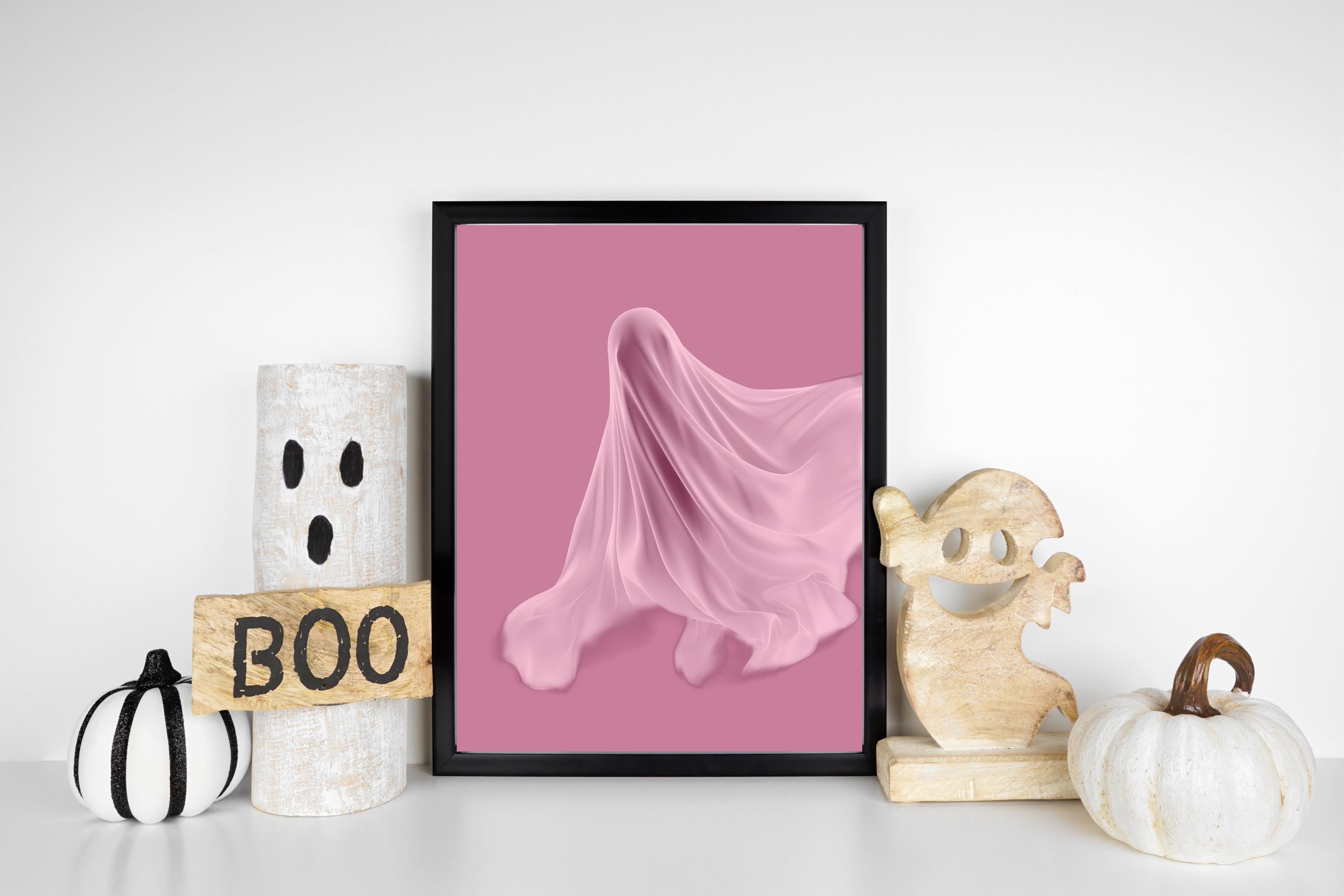 Pink Minimalist Halloween Ghost Wall Art - Trendy Spooky Decor for ...