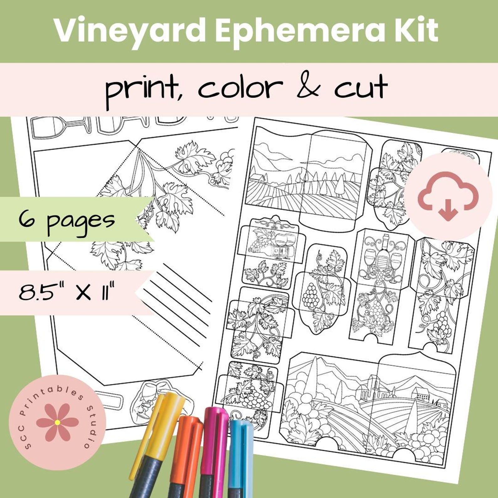 Vineyard Color Your Own Ephemera Kit, Wine Theme Print Color and Cut ...