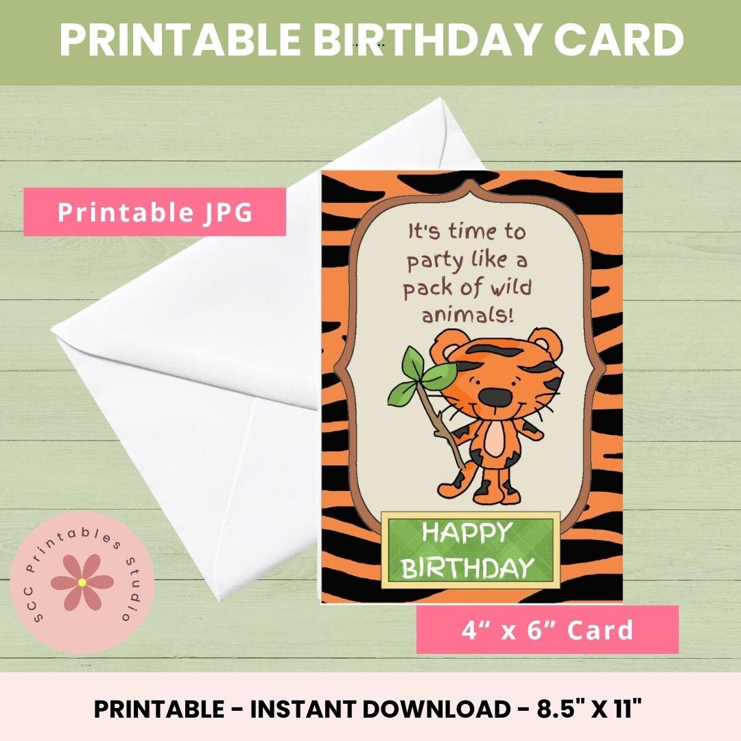Jungle Theme Birthday Card for Kids, Printable 4x6" Foldable Kids Card ...