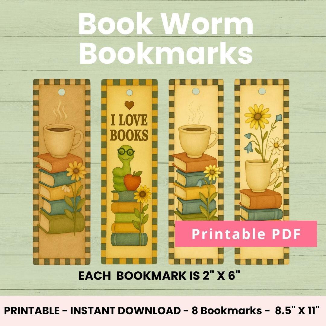 Book Worm Printable Bookmarks for Kids, I Love Books Book Lover Gift ...