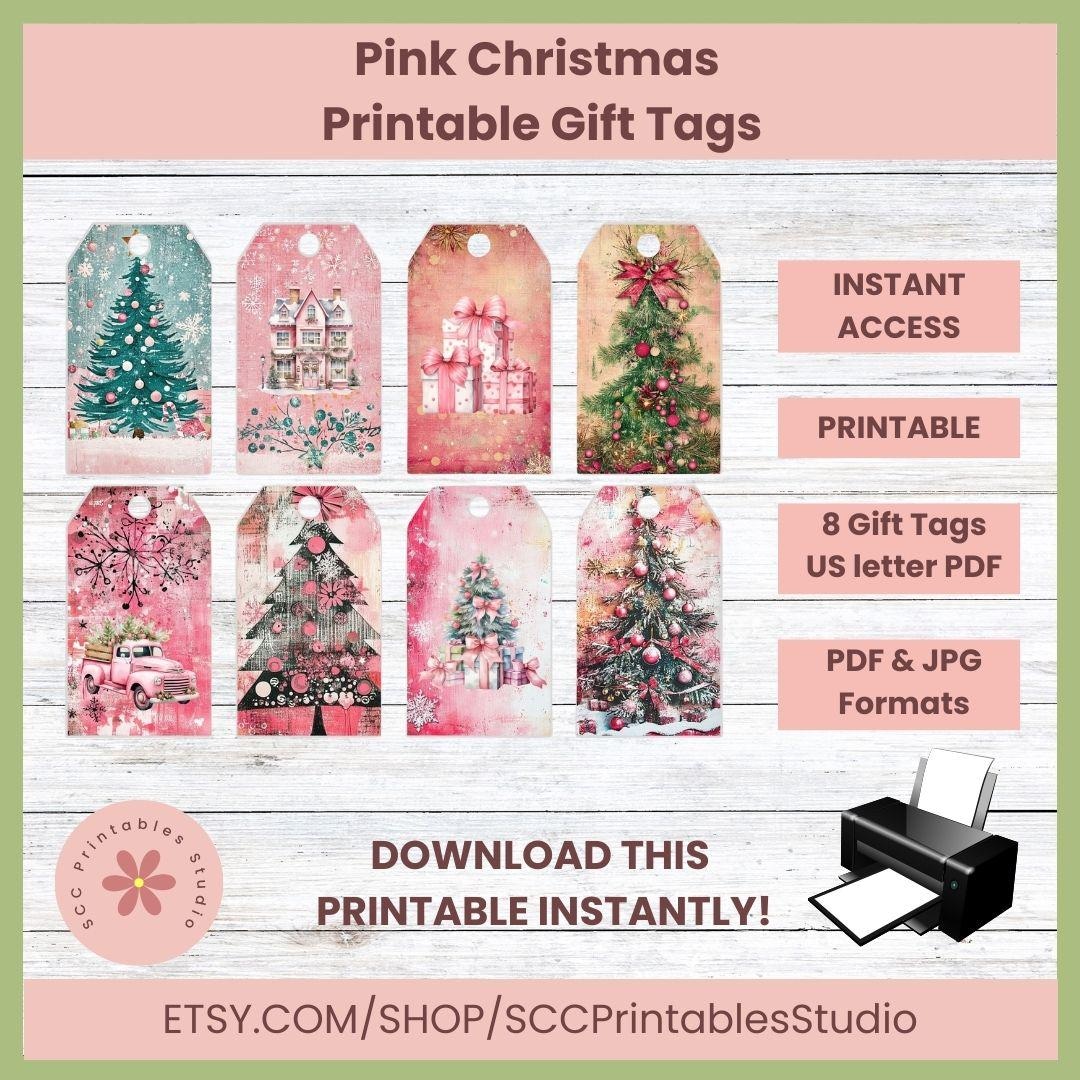 Christmas Printable Gift Tags, Whimsical Pink Christmas Holiday Print ...