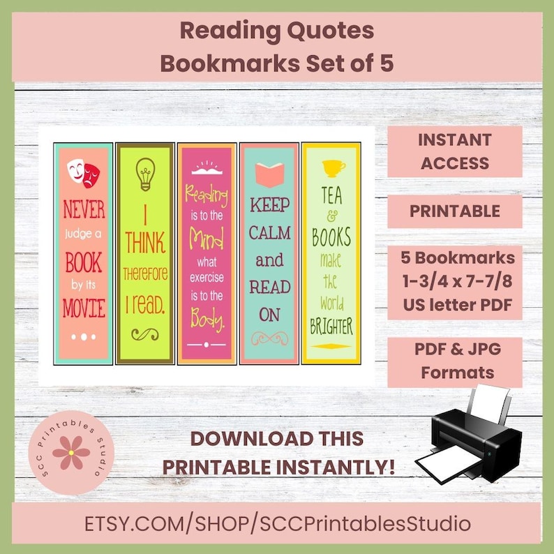 Printable Bookmarks for Women, Book Lover Quotes Print at Home Set of 5 ...