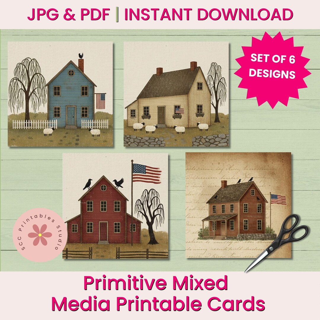 Primitive Mixed Media Cards, Printable Ephemera Junk Journal Supply ...