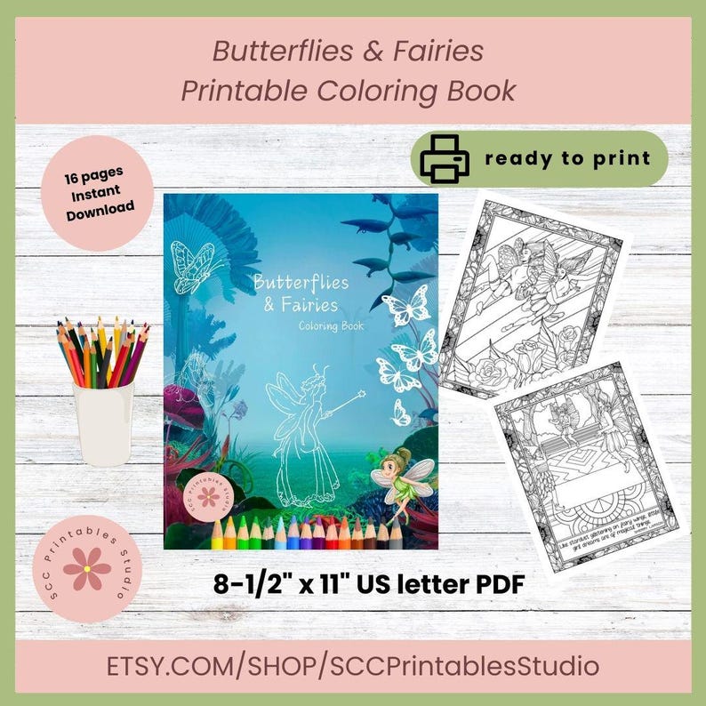 Butterflies and Fairies Adult Coloring Book, Printable Fantasy Coloring ...