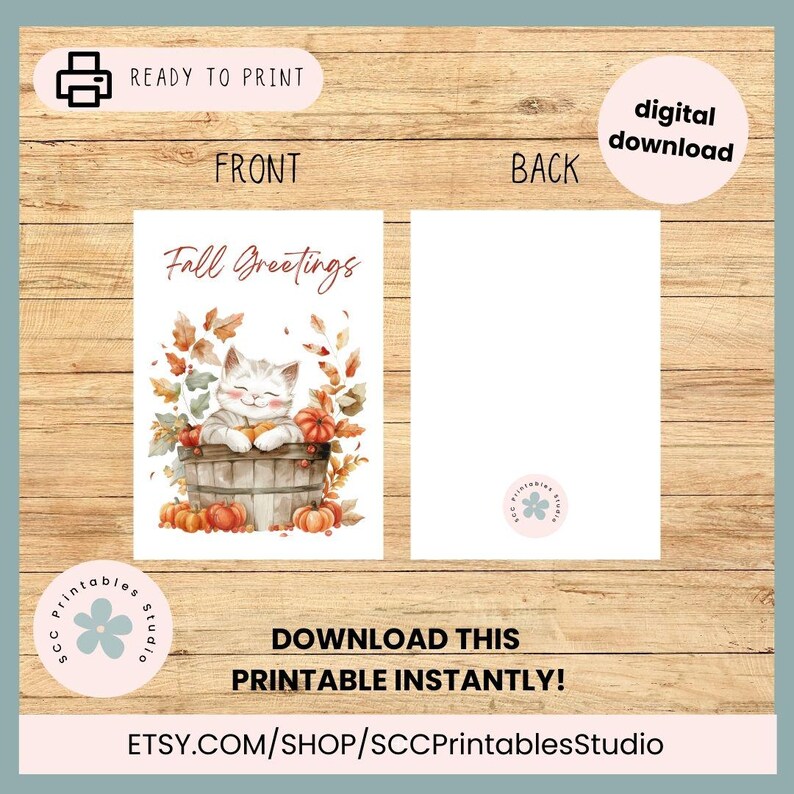 Fall Blessings Printable Greeting Card, Cute White Kitten, Pumpkins ...