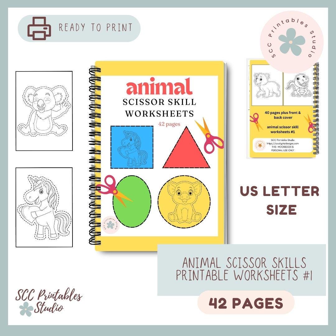 Scissor Skill Printable Worksheets for Kids, Animal Cutting Practice ...