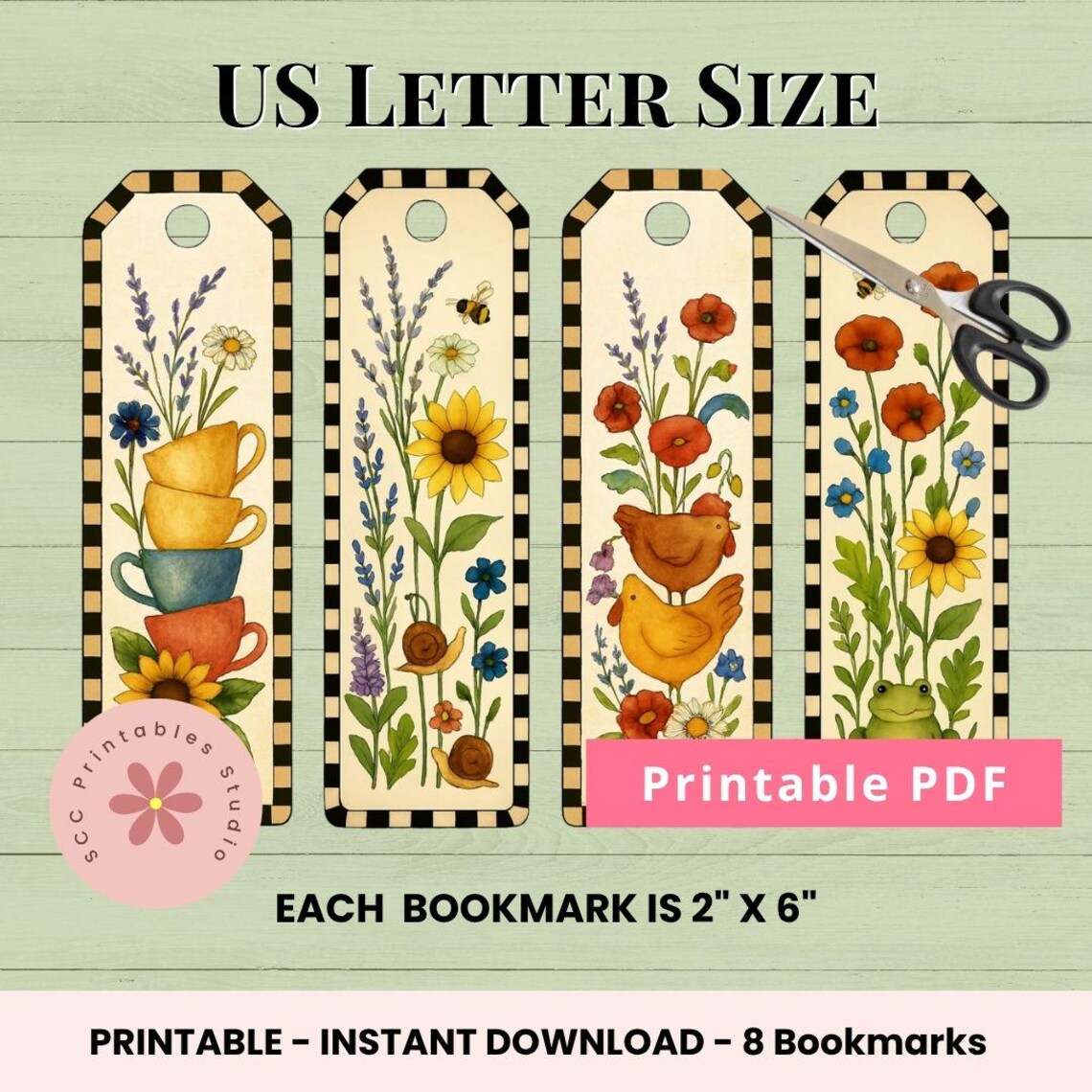 In the Garden Printable Bookmarks – Flowers, Chickens & Frog, Gift for ...