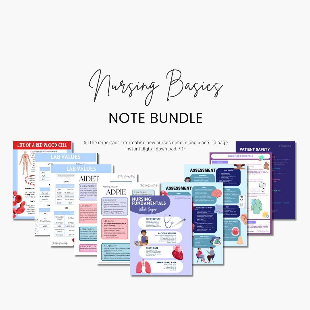 Nursing Basics Notes Bundle ADPIE AIDET Fundamentals Vitals Head to Toe ...