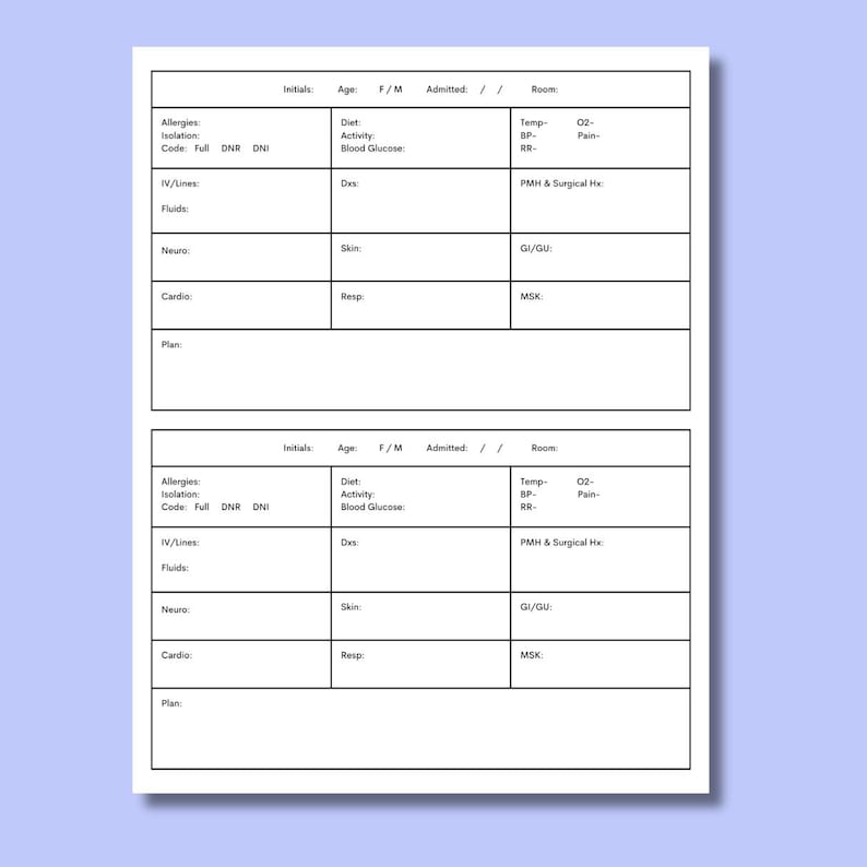 Nurse Report Sheet: Two-patient Clinical Planner (printable PDF) - Etsy