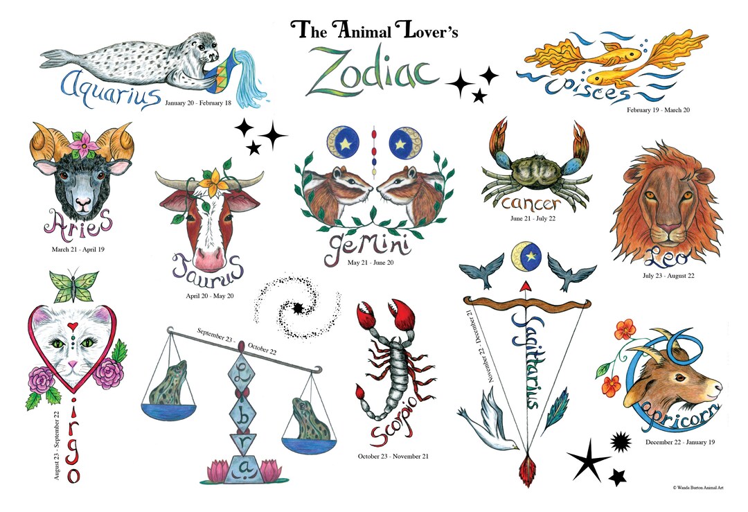 Zodiac Signs With Animals 13 X 19 Print On Watercolor Paper Etsy