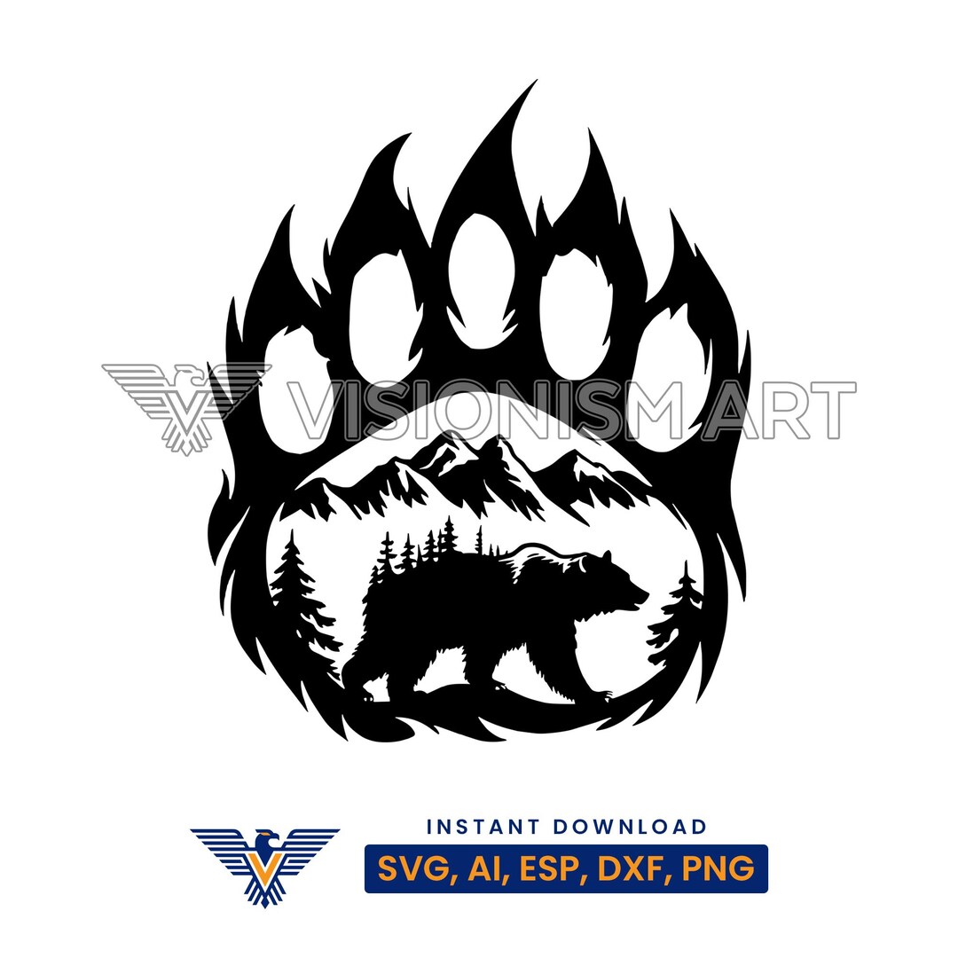Black Bear Paw Silhouette With Mountains and Forest Inside Nature ...