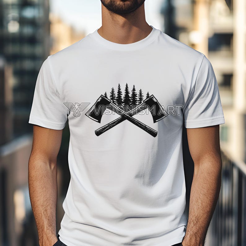 Crossed Axes & Pine Trees Vector: Logger SVG, PNG, DXF (digital ...