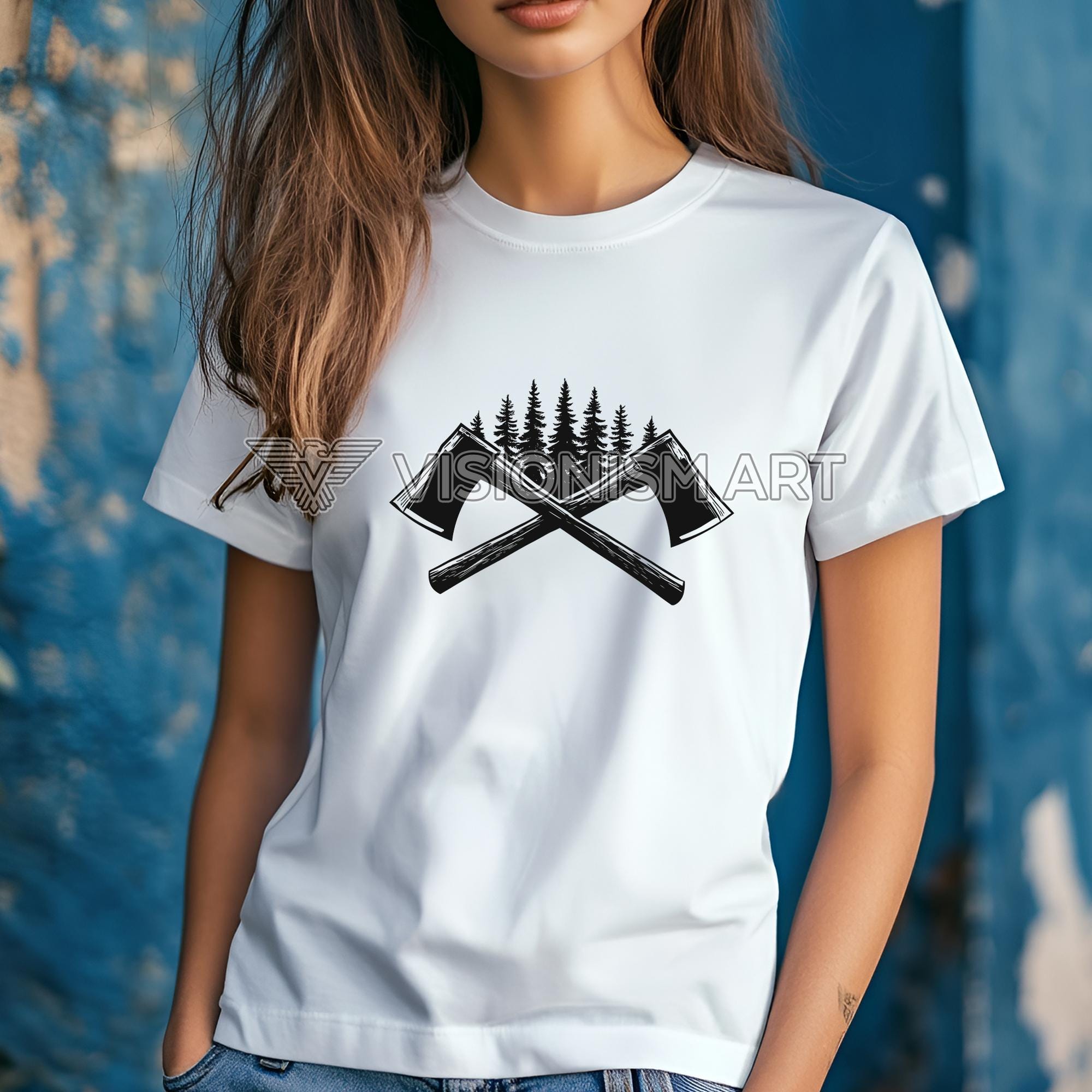 Crossed Axes & Pine Trees Vector: Logger SVG, PNG, DXF (digital ...