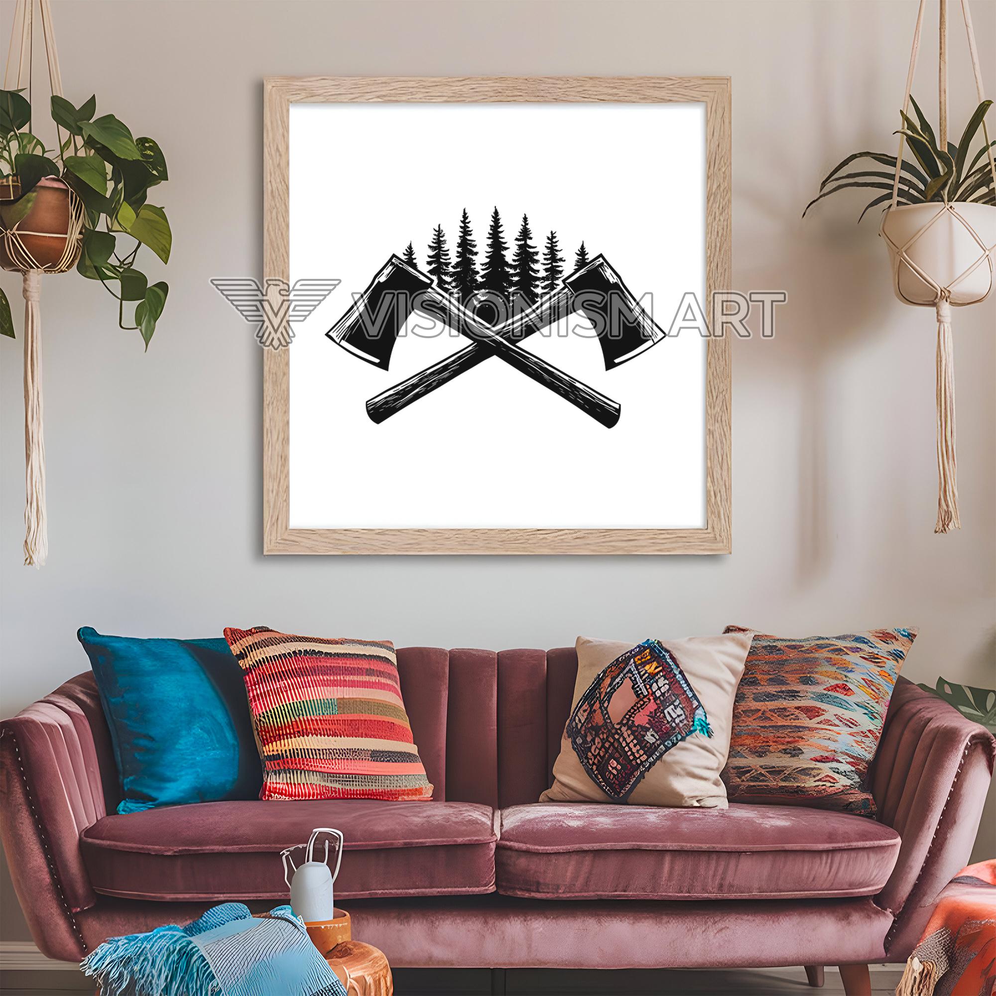 Crossed Axes & Pine Trees Vector: Logger SVG, PNG, DXF (digital ...
