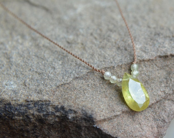 Sphene and Grossular Garnet Tiny Gem Necklace 16 Inches Silk Necklace ...