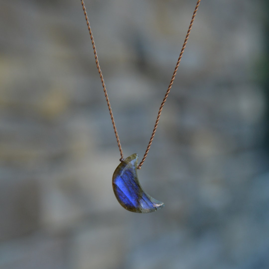 Labradorite Crescent Moon Floating Stone Necklace Knotted Silk 17 ...