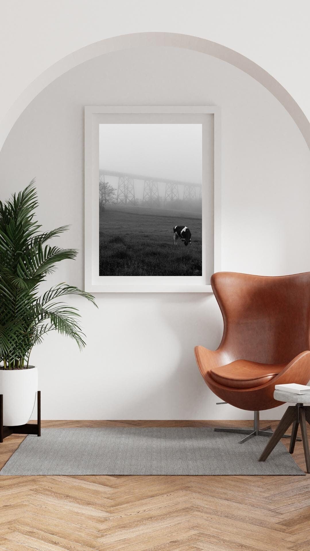High-contrast Cow in Mist Black and White Farm Photography Minimalist ...