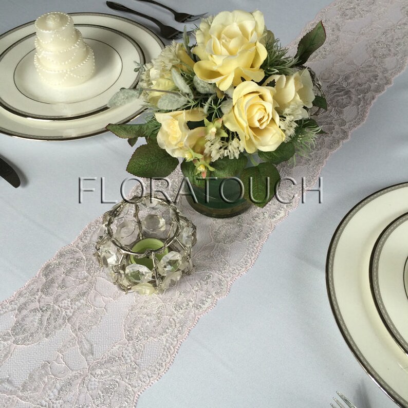 Blush Pink Lace Table Runner With Metallic Silver Flowers - Narrow Lace ...