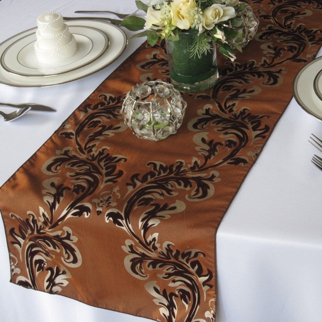 Brown Royal Scroll Flocked Damask Taffeta Table Runner - Etsy
