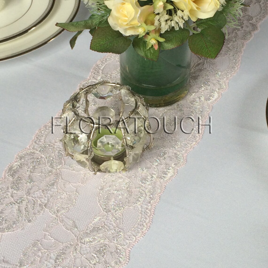 Blush Pink Lace Table Runner With Metallic Silver Flowers - Narrow Lace ...