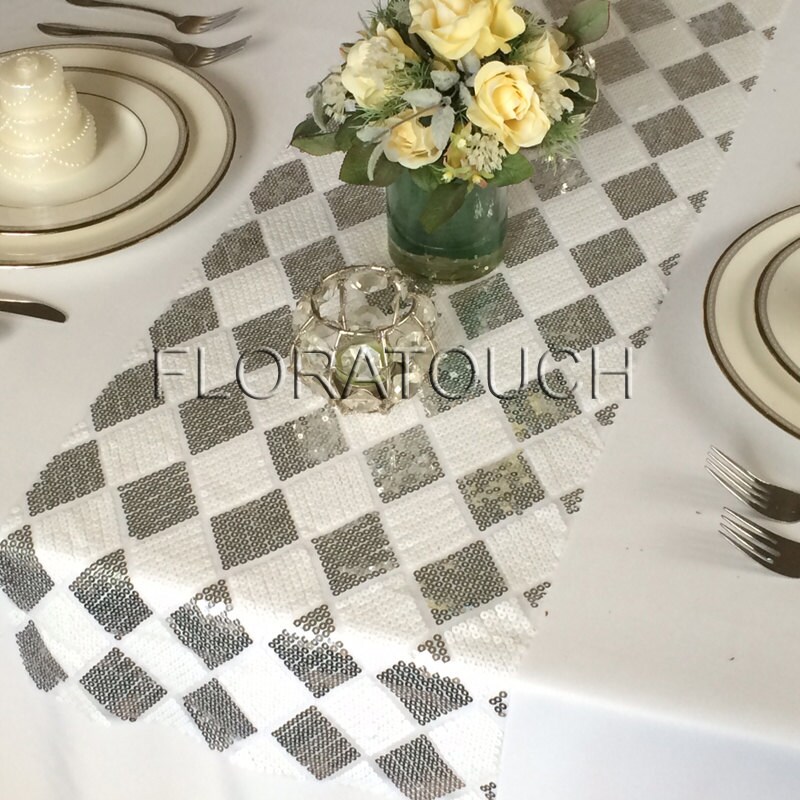 Silver Sequin Table Runner White and Silver Diamond Sequin Wedding ...