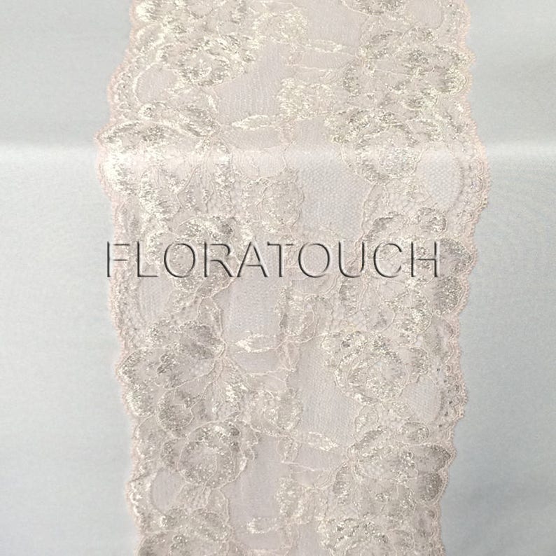 Blush Pink Lace Table Runner With Metallic Silver Flowers - Narrow Lace ...