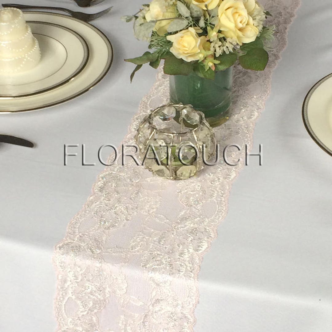 Blush Pink Lace Table Runner With Metallic Silver Flowers - Narrow Lace ...