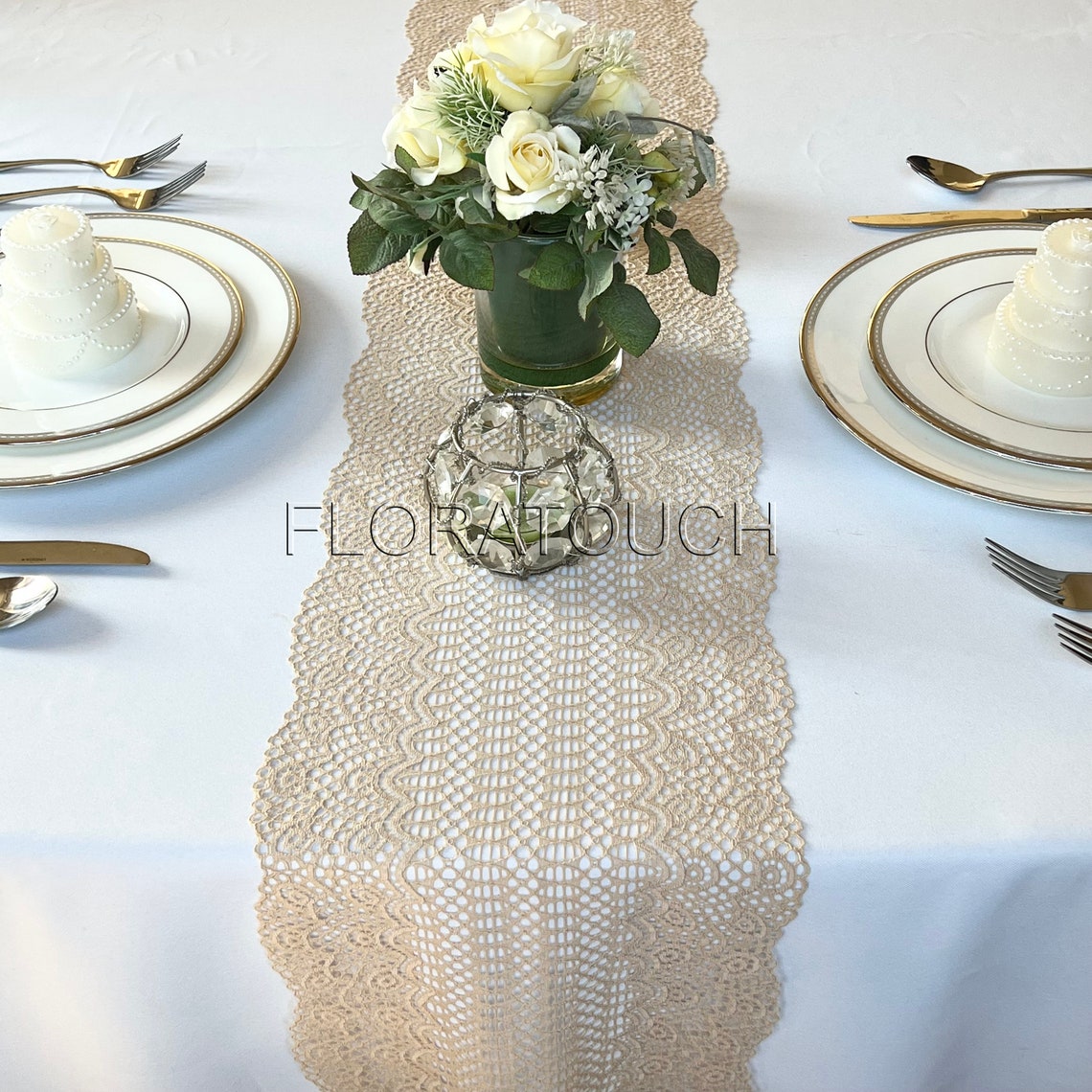 Champagne Gold Lace Table Runner With Symmetrical Floral | Etsy