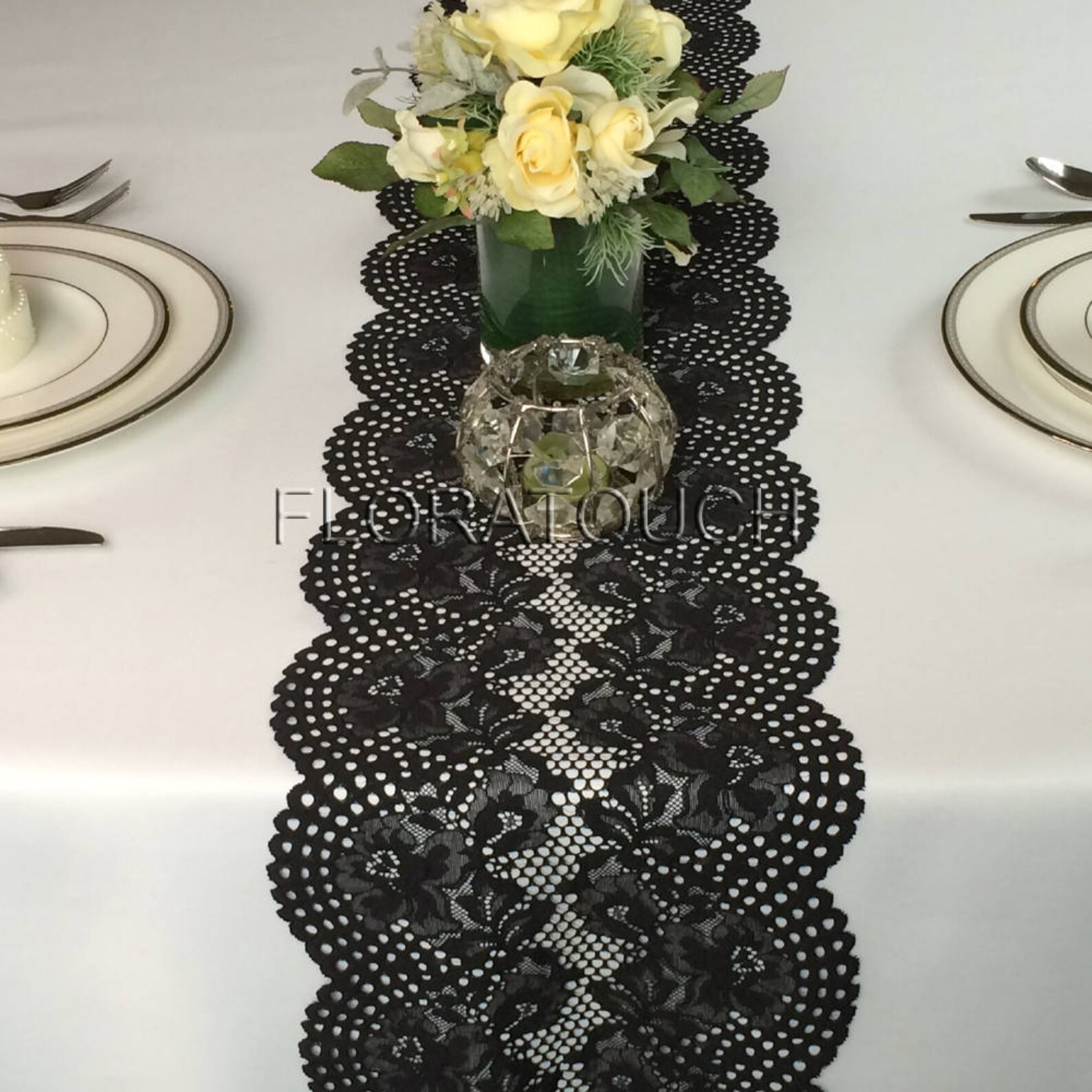 Black Floral Lace Table Runner With Large Scalloped Edge Style Lblk02 ...