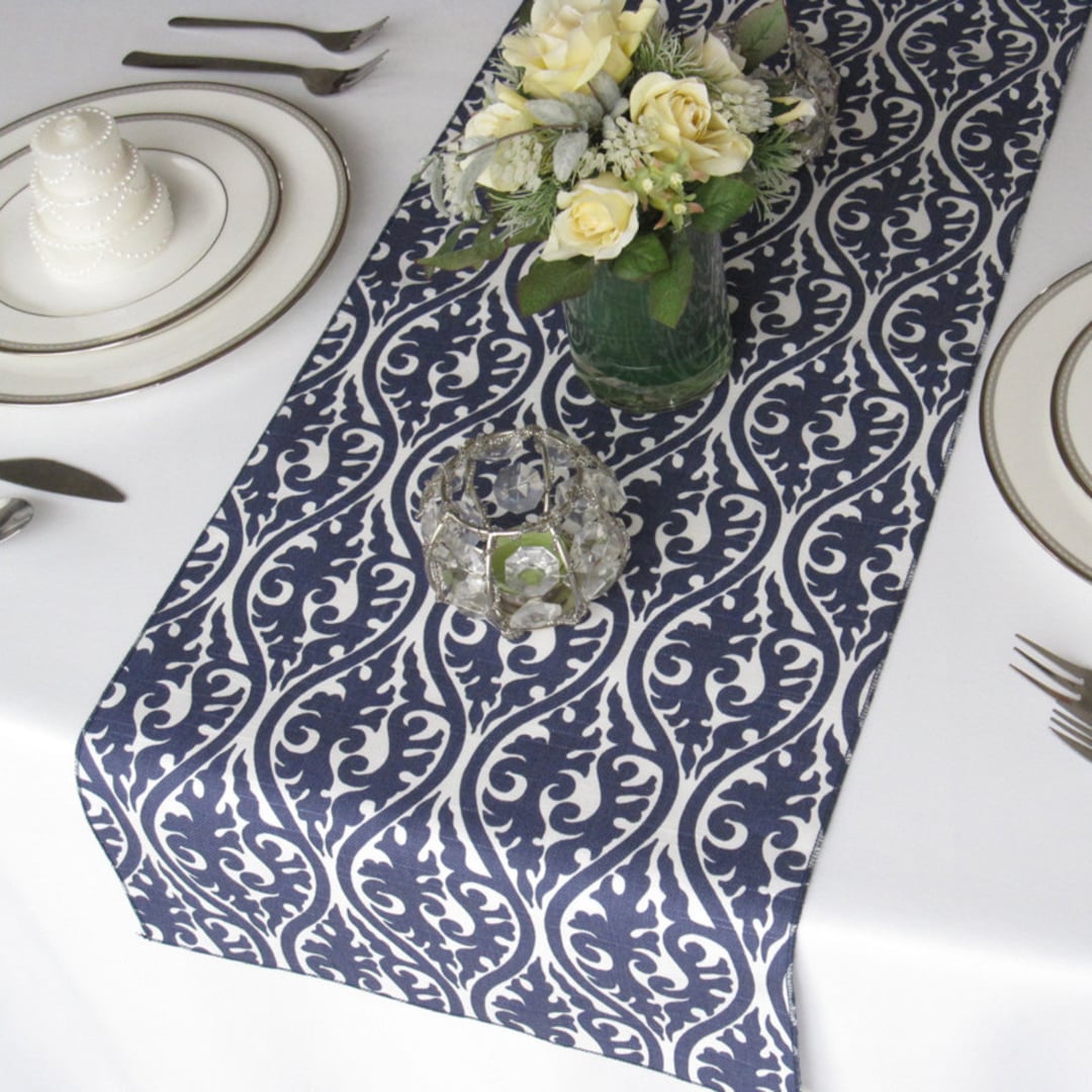 Kimono Navy and White Damask Table Runner - Etsy
