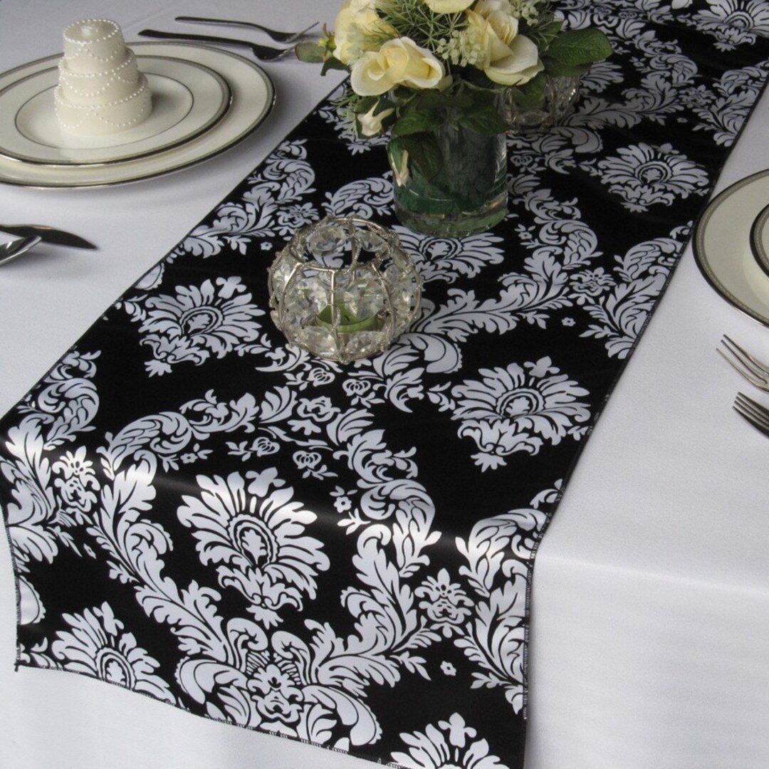 Black and White Satin Damask Table Runner - Etsy