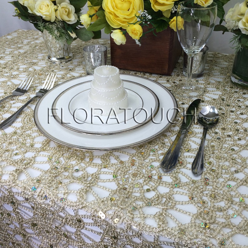 Champagne Lace Tablecloth Overlay Sequin Tablecloth Alice Metallic Lace ...