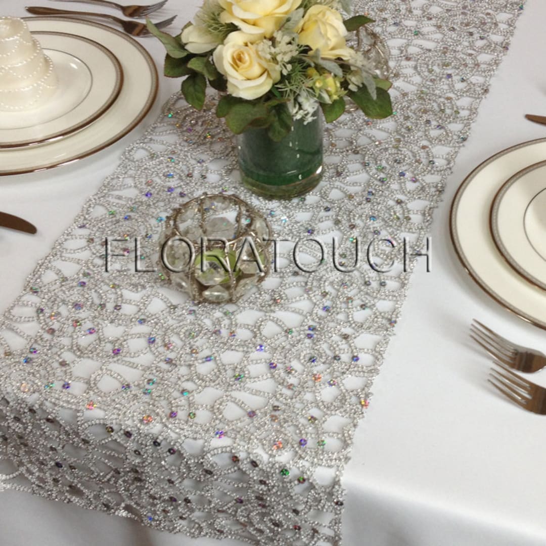 Silver Alice Metallic Lace Sequin Wedding Table Runner, Table Decor ...