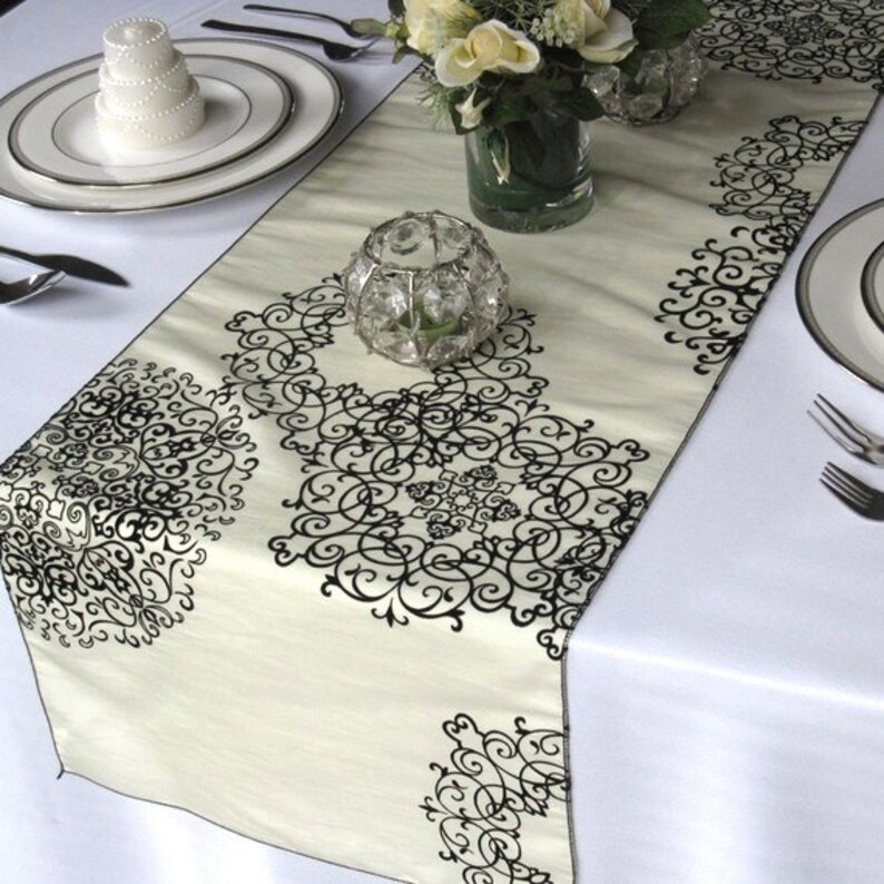 Ivory and Black Medallion Damask Table Runner Flocked Damask - Etsy