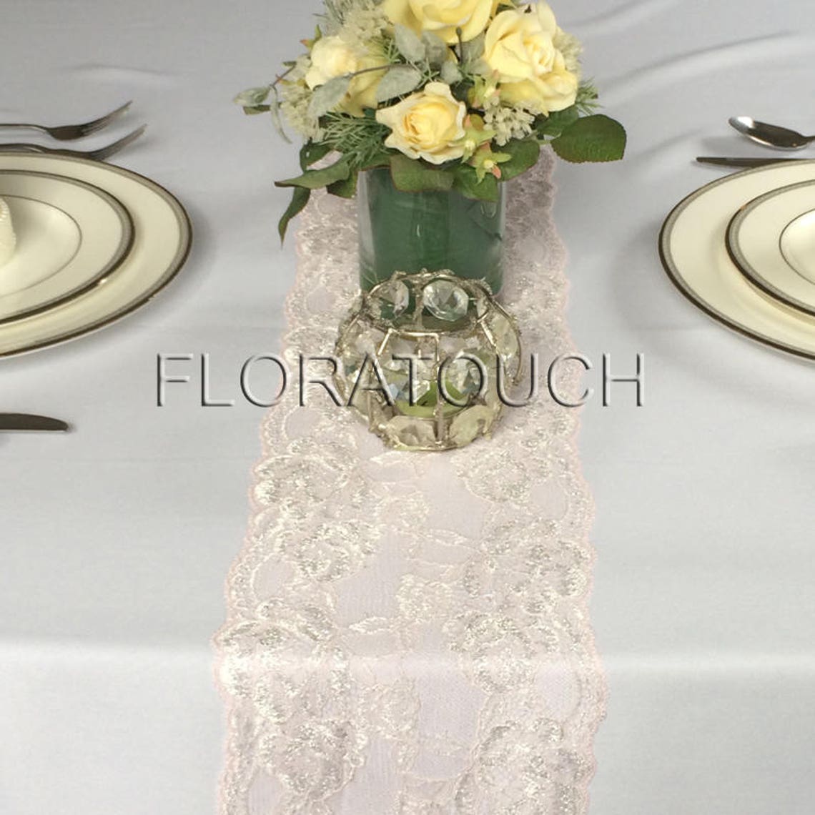 Blush Pink Lace Table Runner With Metallic Silver Flowers - Narrow Lace ...