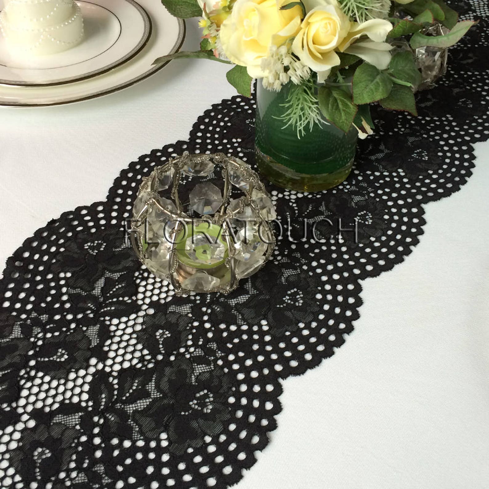 Black Floral Lace Table Runner With Large Scalloped Edge Style Lblk02 ...
