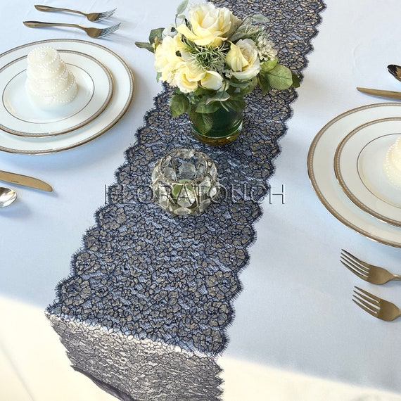 Metallic Silver and Navy Blue Floral Lace Wedding Table Runner - Etsy
